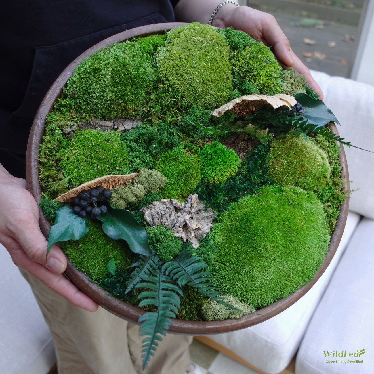 Round Wooden Moss Bowl with Plants - Moss Centerpiece | Wildleaf